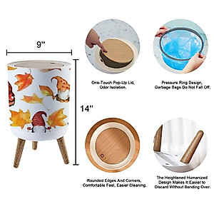 Round Trash Can with Press Lid Gnomes autumn leaves watercolor seamless Scandinavian dwarfs in Small Garbage Can Trash Bin Dog-proof Trash Can Wooden Legs Waste Bin Wastebasket 7L/1.8 Gallon