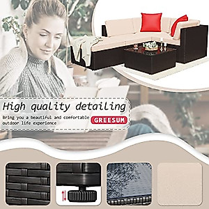Greesum Patio Furniture Sets 5 Piece Outdoor Wicker Rattan Sectional Sofa with Cushions, Pillows & Glass Table, Beige