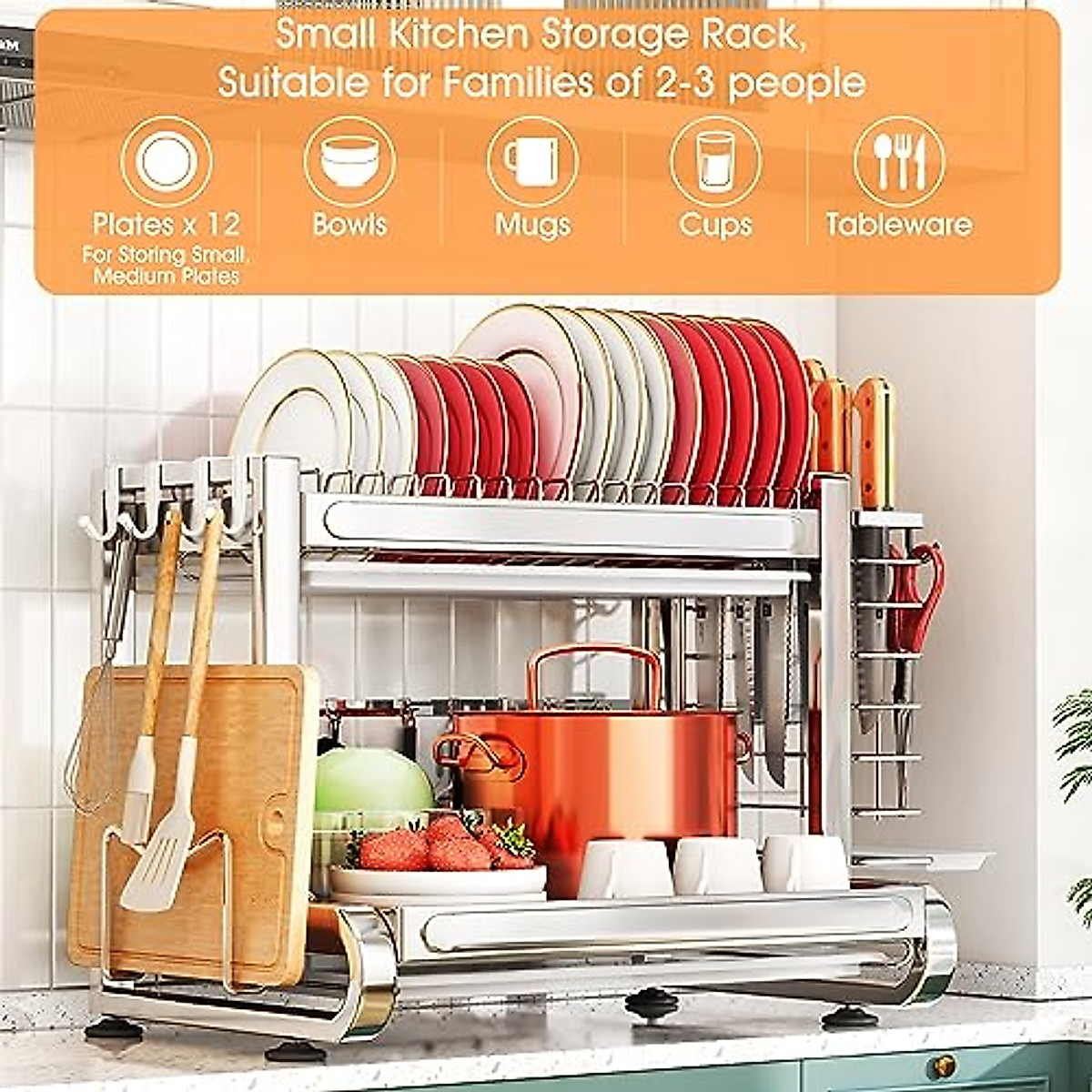 Dish Drying Rack, Stainless Steel Dish Rack, Rustproof Dish Drainers for Kitchen Counter, Multifunctional 2 Tier Dish Drainers Organizer with Drainboard & Utensil Holder