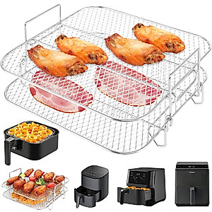 8 inch Square Air Fryer Rack, Lancisism 2 Layers Stainless Steel Dehydrator Rack Grill Square Air Fryer Accessories-8.27×8.27×3.6inch
