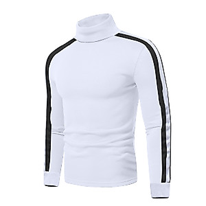 URBAN BUCK Men Turtleneck Long Sleeve Striped Shirt Ribbed Knitted White Turtle Neck Kosco Pullover Sweater (M)