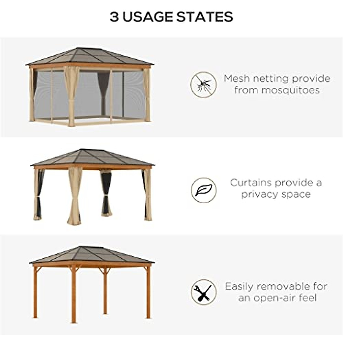LHLLHL 10' X 12' Hardtop Polycarbonates Gazebo Canopy Aluminum Frame Pergola W/Netting and Sidewalls for Garden, Patio