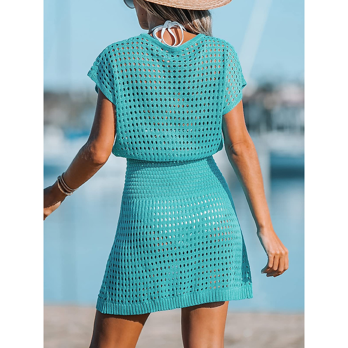 CUPSHE Women Crochet Swim Cover Up Short Sleeve V Neck Bathing Suit Beach Dress Summer Swimwear Coverups Turquoise, M