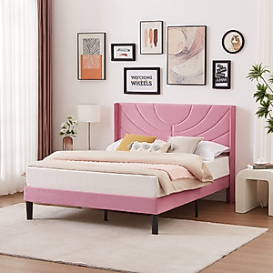 VECELO Full Size Upholstered Platform Bed Frame with Fabric Headboard,Wooden Slats Support/No Box Spring Needed/Mattress Foundation/Easy Assembly,Pink