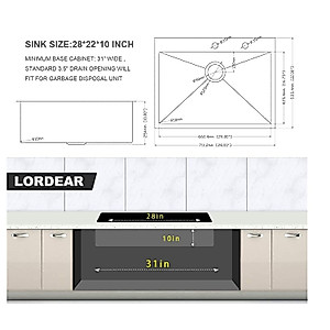 28 Kitchen Sink Drop In - Lordear 28 x 22 Kitchen Sink Single Bowl Drop In Stainless Steel 16-Gauge R10 Tight Radius Topmount Kitchen Sink