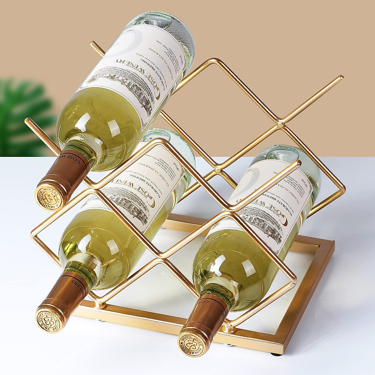 Drincarier Countertop Wine Rack - 5 Bottle Freestanding Modern Gold Metal Small Wine Rack - Tabletop Wine Holder Stand for Cabinet, Pantry, Wine Bottle Storage