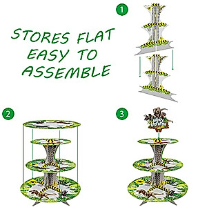 Dinosaur Cupcake Toppers 24Pcs and Dinosaur Cupcake Stand Jurassic Birthday Party Supplies Set for Kids Boys Dinosaur Theme Birthday Party Decorations 3 Tier Dino Cardboard Cupcake Stand Topper