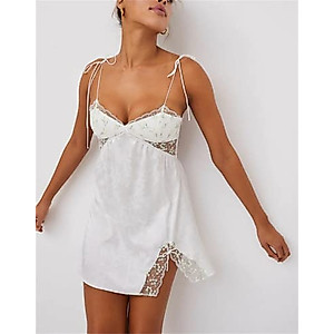 Yuemengxuan Women Going Out Mini Dress Sexy Spaghetti Strap Low Cut Bodycon Mini Dress Y2k Lace Dress Party Clubwear (White-03G, M)