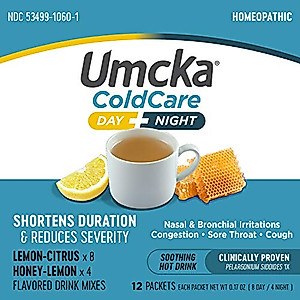 Nature's Way Umcka ColdCare Day + Night, Soothing Hot Drink Mixes, Lemon & Honey Flavors, 12 Packets