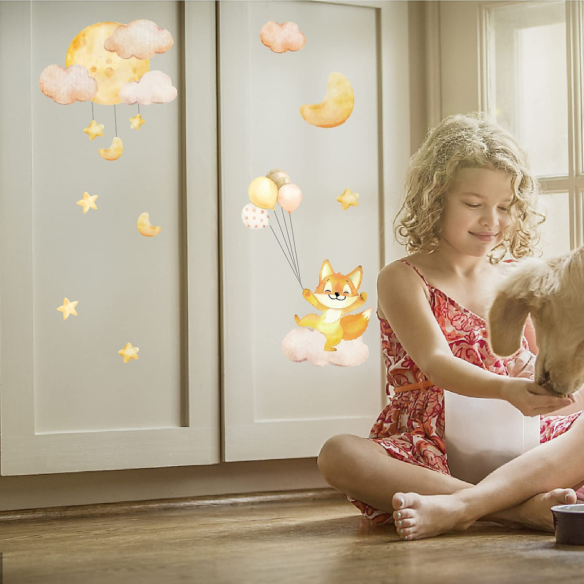 SUPERDANT Fox Moon Wall Stickers Cute Animal Wall Decals Fox Catching Vinyl DIY Art Decor for Baby Nursery Children Bedroom Living Room Wall Decor