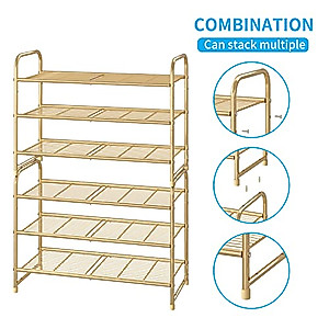 Simple Trending 3-Tier Stackable Shoe Rack, Expandable & Adjustable Shoe Shelf Storage Organizer, Wire Grid, Golden Yellow