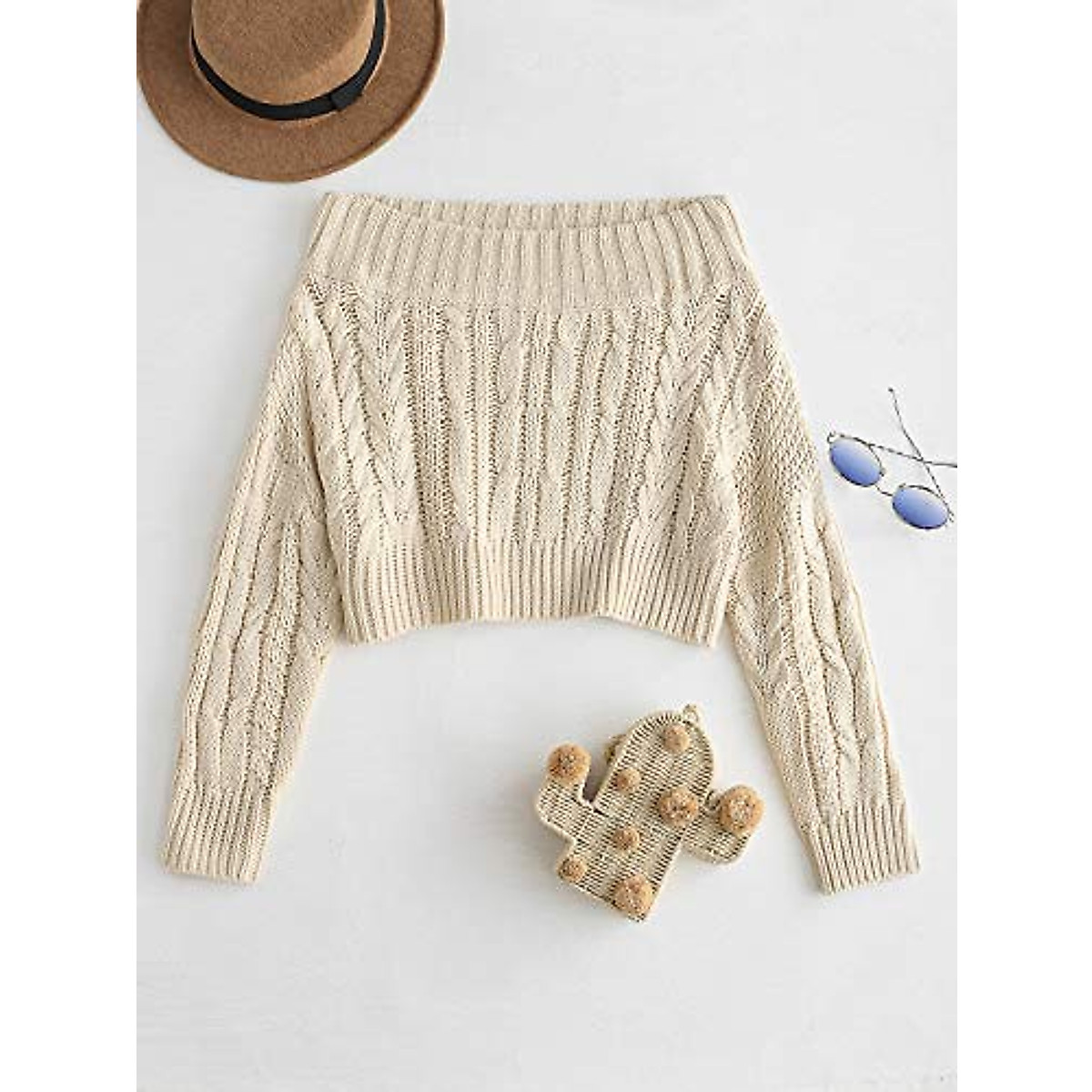 ZAFUL Women Off Shoulder Cable Knit Crop Tops Sweater Long Sleeve Cropped Pullover Sweaters Batwing Jumper
