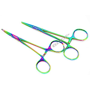 SET OF 2 HEMOSTAT FORCEPS 5" CURVED & STRAIGHT SERRATED PREMIUM GERMAN STAINLESS VETERINARY INSTRUMENT (CYNAMED)