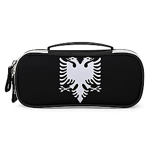 Albanian Eagle PU Leather Pencil Pen Case Organizer Travel Makeup Handbag Portable Stationery Bag