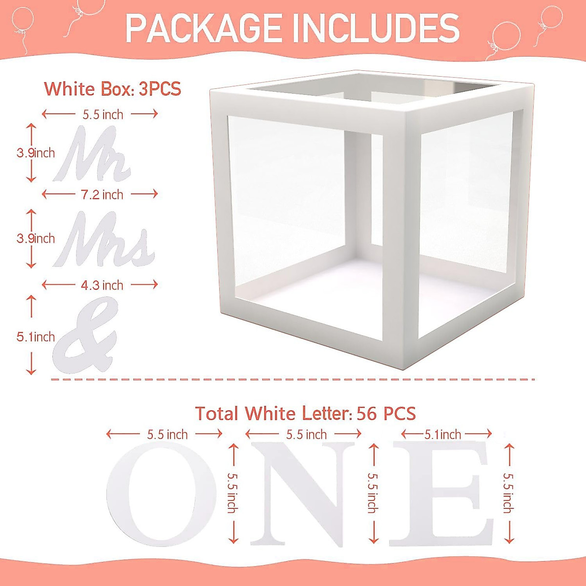 ximoogoooz Transparent Wedding Balloon Boxes 3PCS White Mr and Mrs Balloon Boxes with 56 Letters for Custom Name Balloon Box Backdrop for Wedding Bridal Shower Engagement Anniversary Party Supplies