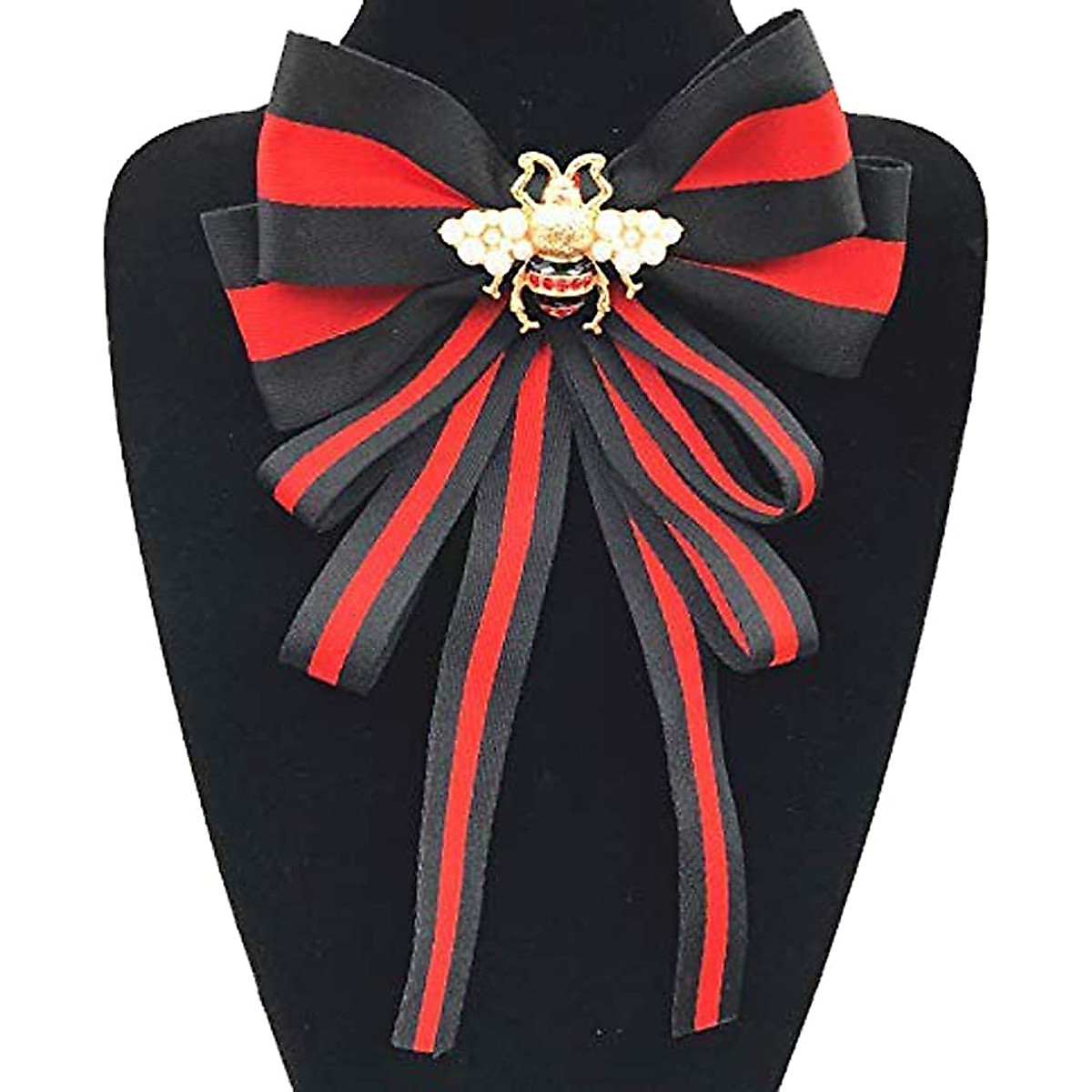 Fashion Red Ribbon Big Bowknot Brooch Pins 2018 For Woman Rhinestones Crystal Tie Collar Jewelry Accessories (Black)