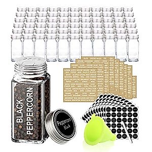 SWOMMOLY 66 Glass Spice Jars with 703 Spice Labels, Chalk Marker and Funnel Complete Set. 66 Square Glass Jars 4oz, Airtight Cap, Pour/sift Shaker Lid