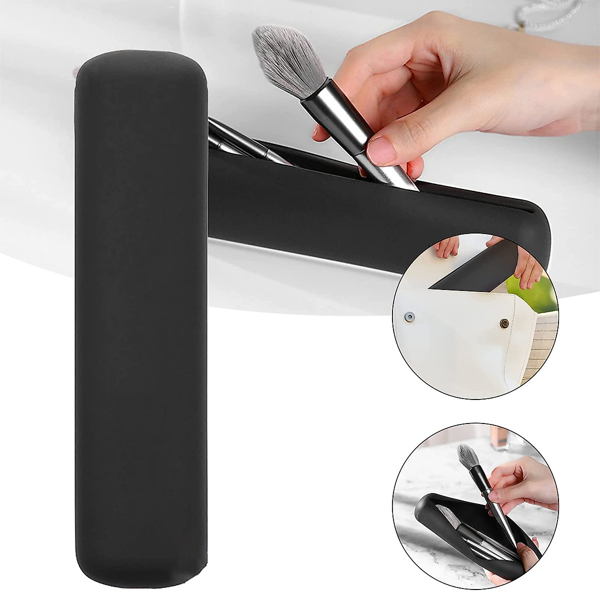 Travel Makeup Brush Case,Silicon Trendy Portable Makeup Brush Cosmetic Holder,Soft and Comfortable Makeup Brush Organizer,Fashionable and Beautiful Cosmetic Brush Bag (Khaki)