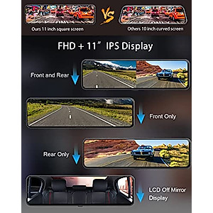 AX2V 11" Mirror Dash Cam - 1080P Front and Rear Dual Recording, Waterproof Backup Camera with Super Night Vision, Full Touch Screen for Car Reversing Assistance and Parking Monitoring