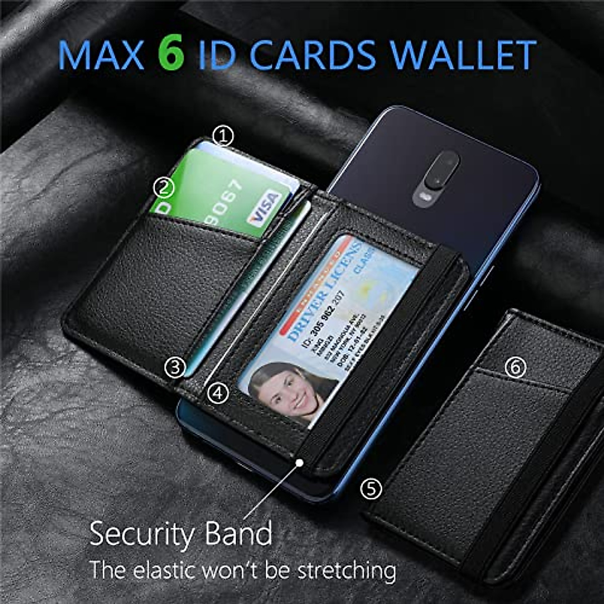 LINYUNE Cell Phone Wallet Stick On for Phone Cases, 6 Credit Cards Holder Flip Leather Pocket for Smart Cellphones(iPhone/Android/Samsung Galaxy) Black