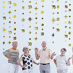 Gold 70th Birthday Decorations Number 70 Circle Dot Twinkle Star Garland Metallic Hanging Streamer Bunting Banner Backdrop for Women Mens 70 Year Old Birthday Seventieth Anniversary Party Supplies