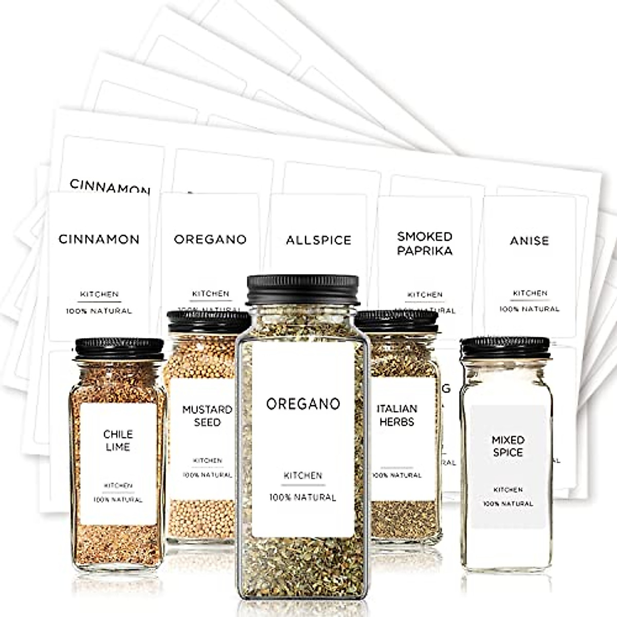v2croft 160 Preprinted 1.375inch X 2.125inch Minimalist Spice Labels Set w/Extra Black Text on White, waterproof Matte For Jars, Glass Containers & Canisters,- Include an Exclusive Reference sheet