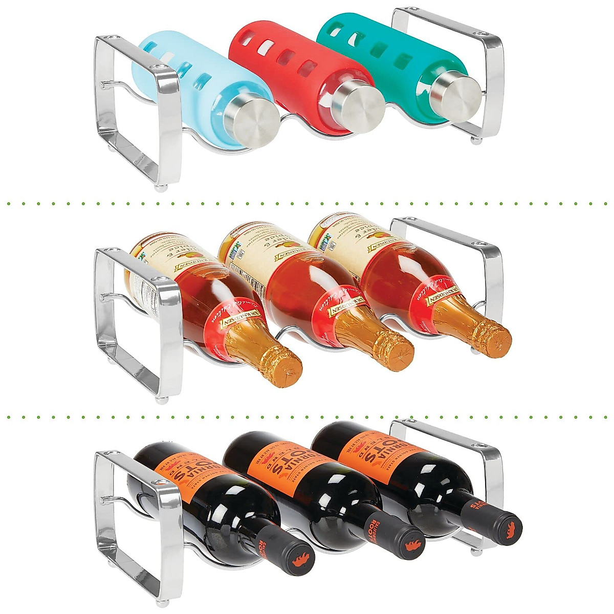 mDesign Metal Steel Free-Standing 3 Bottle Modular Wine Rack Storage Organizer for Kitchen Countertop, Table Top, Pantry, Fridge - Holder for Wine, Beer, Pop/Soda, Water, Stackable - 2 Pack - Chrome