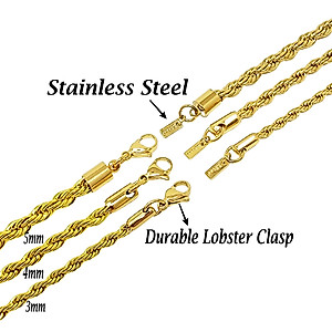 BA UNIQUE FASHION Stainless Steel Rope Chain 16,18, 20, 24 inches Necklace for Men and Women in Gold, Silver Tone (5mm 20", Gold Plated Stainelss Steel)