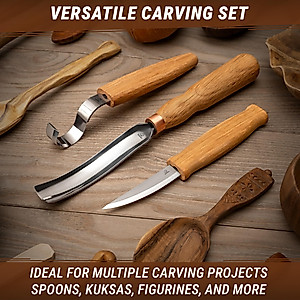 BeaverCraft S14 Wood Carving Tools Kit Wood Carving Set Wood Carving Hook Knife Set Spoon Carving Tools Spoon Knife Set Bowl Kuksa Scoop Cup Carving Tools Wood Gouges Spoon Carving Kit
