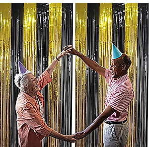 2 Pack 3.3ft x 9.8ft Metallic Fringe Curtains Door Foil Curtains Metallic Curtains Halloween Christmas Party Decoration Tinsel Curtains for Photo Backdrop Party Decorations (Black Gold-2)