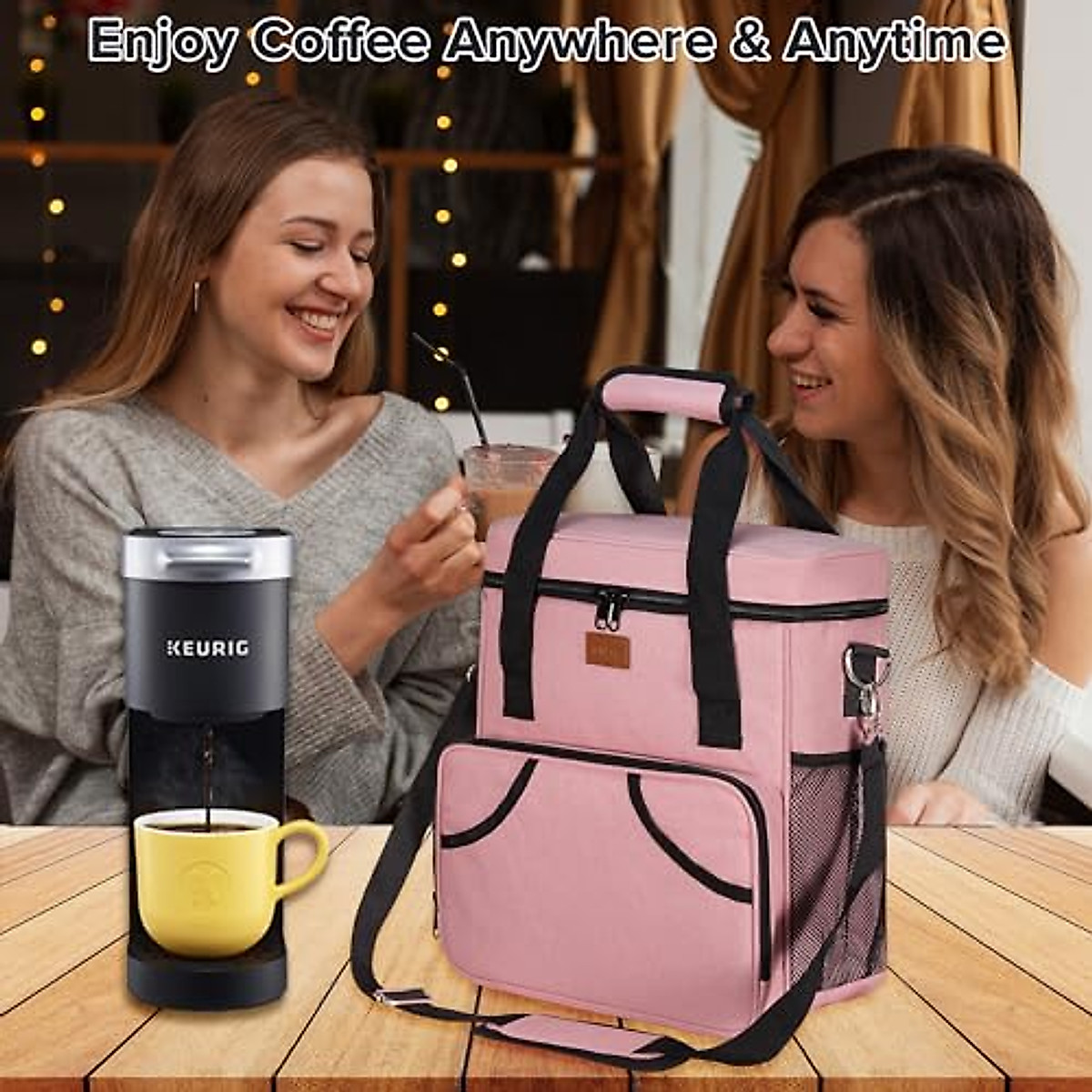 IAVEYG Coffee Maker Travel Bag Compatible with Keurig K-Mini or K-Mini Plus,Single Serve Coffee Brewer Portable Storage Bag with Multiple Pockets for K-Cup Pods,Storage Bag With Shoulder Strap (Pink)
