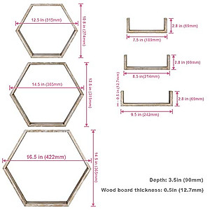 RR ROUND RICH DESIGN Wall Shelf Set of 6 - Rustic Wood 3 Hexagon Boxes and 3 Small Shelves Carbonized