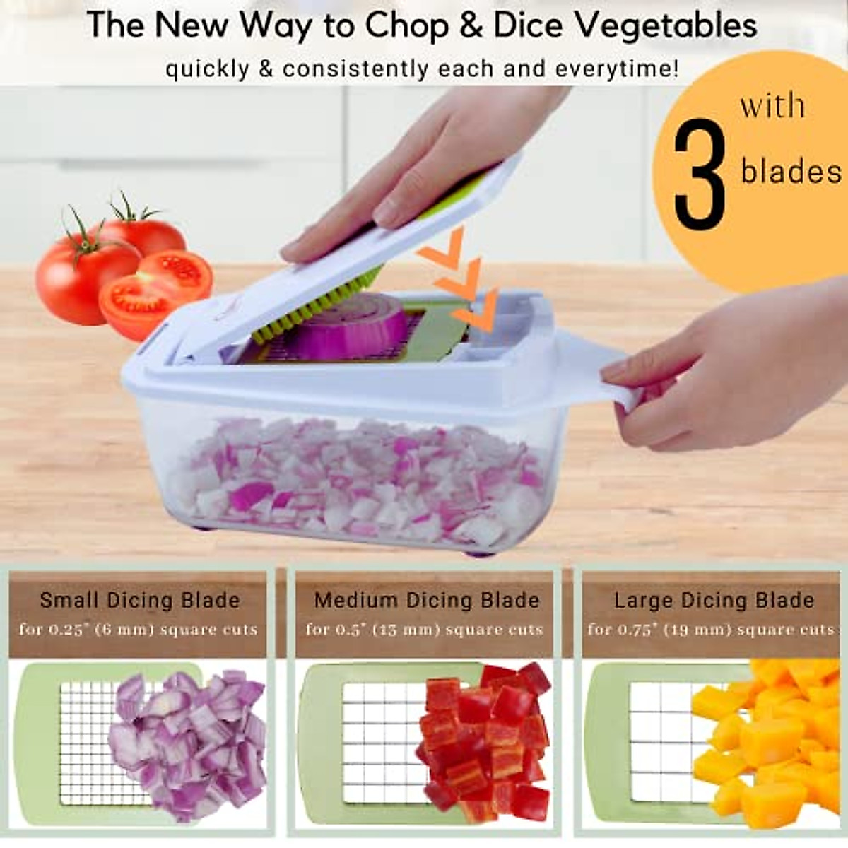 Brieftons QuickPush Food Chopper: Strongest & 200% More Container Capacity, 30% Heavier Duty, Fruit & Vegetable Chopper, Onion Chopper Vegetable Cutter, with 3 Dicer Blades & Keep-Fresh Lid, 5 Ebooks