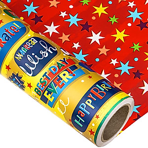 MAYPLUSS Reversible Birthday Wrapping Paper Roll - Mini Roll - 17 Inch X 32.8 Feet(47.3 sq.ft) - Happy Birthday Lettering,Colorful Star Design for Party,Wedding