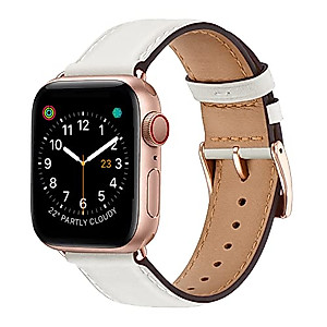 OMIU Square Bands Compatible with Apple Watch Band 38mm 40mm 41mm 42mm 44mm 45mm 49mm, Genuine Leather Wristband Starp for iWatch SE Series 8 7 6 5 4 3 2 1 Utral for Women Men(Ivory White/Rose Gold)