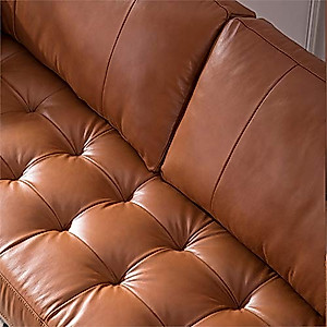 MAKLAINE 88" Top Grain Genuine Leather Tufted 3 Seater Sofa with Bolster Pillows, Mid Century Modern Lawson Style Couch with Excellent Craftsmanship, Camel Brown