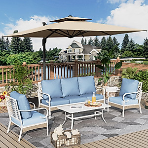 MIXPATIO 4 Piece Patio Furniture Set, 2 x Fixed Chair, 1 x 3-Seat Sofa with Marbling Coffee Table, All Cushioned 5 Seats Outdoor Conversation Set for Lawn Garden Backyard, Blue