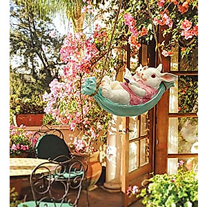 Usupgift Pink Swing Rabbit Garden Statues Cute Rabbit Figures Tree Hanging Sculpture (8.9"X4.3"X 3.9") for Outdoor Décor Garden Patio Yard Lawn