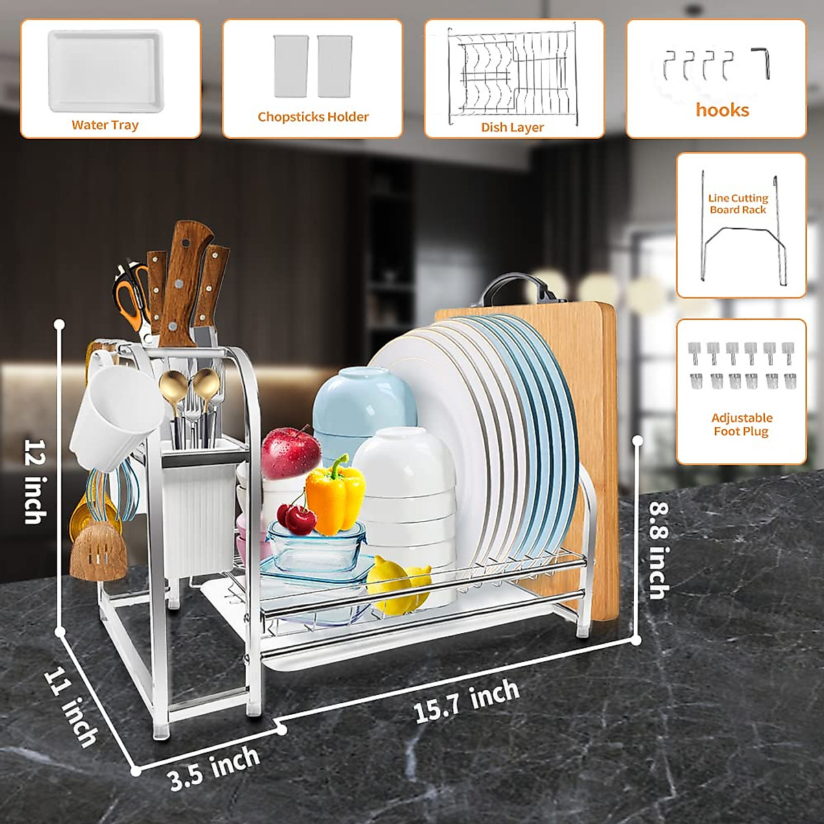SPAKITCHCE Large Dish Rack Dry Drainer - Stainless Steel Dish Dryer Racks Metal Dish Drying Rack with Draining Drainboard Cutting Board for Kitchen Counter Saving Space