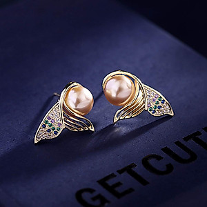 Huggie Mermaid Tail Shell Pearl Stud Earrings for Women 925 Sterling Silver Post Colorful Cubic Zirconia Hypoallergenic Small Fish Fin Stud Cartilage Faux Pink Pearls Ocean Sea Jewelry