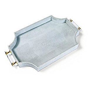 Sophinique Shagreen Vegan Leather Scallop Edges Serving Tray for Drinking & Food, Wooden Tray with Acrylic Handles for Watches, Mobiles, Cosmetics, Non-Slip Bottom Ottoman Decorative Tray (Blue)