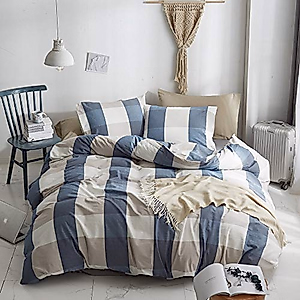 HYPREST Queen Duvet Cover - 100% Cotton Duvet Cover Queen Blue Buffalo Plaid Soft Breathable Farmhouse Style