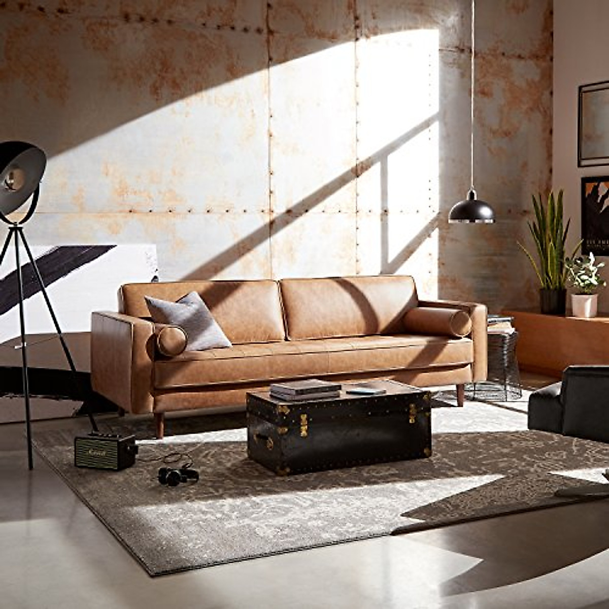 Amazon Brand – Rivet Aiden Mid-Century Modern Leather Sofa Couch, 86.6"W, Cognac