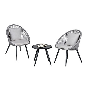 COBANA 3 Piece Patio Bistro Set, Outdoor Woven Rope Conversation Balcony Furniture Set with Glass Top Table and Cushioned Chairs for Garden, Backyard, Deck, Poolside, Gray