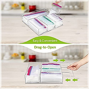 Xverycan Acrylic Ziplock Bag Storage Organizer, Clear Food Baggie Organizer Dispenser for Kitchen Drawer, Gallon, Quart, Sandwich, Snack, Freezer, Slider Bags (Drag to Open)