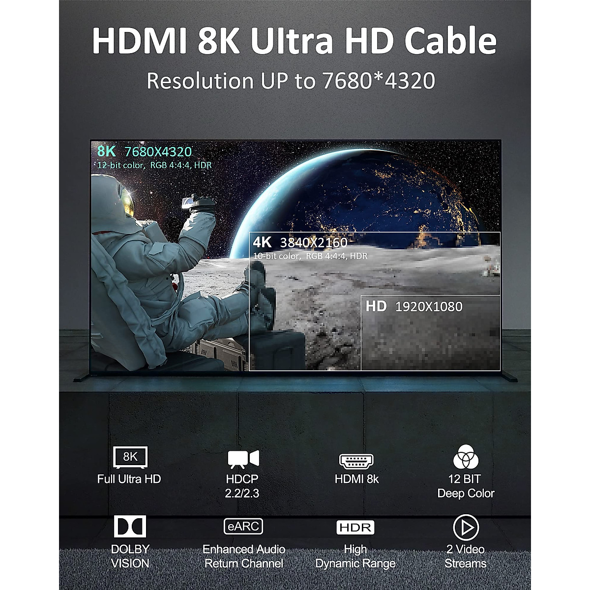 8K HDMI Cable 48Gbps 6.5FT, TESMAX Certified Ultra High Speed 8K60Hz 4K120Hz, HDCP 2.2 2.3 Dynamic HDR HDR10 eARC,Compatible with Dolby Vision Apple TV 4K/Samsung/LG/Sony/Ruko/PS5/Xbox/RTX3080/Blu-ray