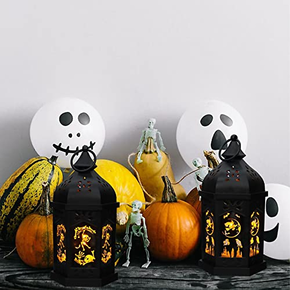 Reperla Festive Lanterns, 7.8" Halloween Decorations Lights with Patterns,Black Flame Effect LED Candle Lantern Kids Gifts for Home,Table,Tree,Activities,Party,Porch (Set of 2)