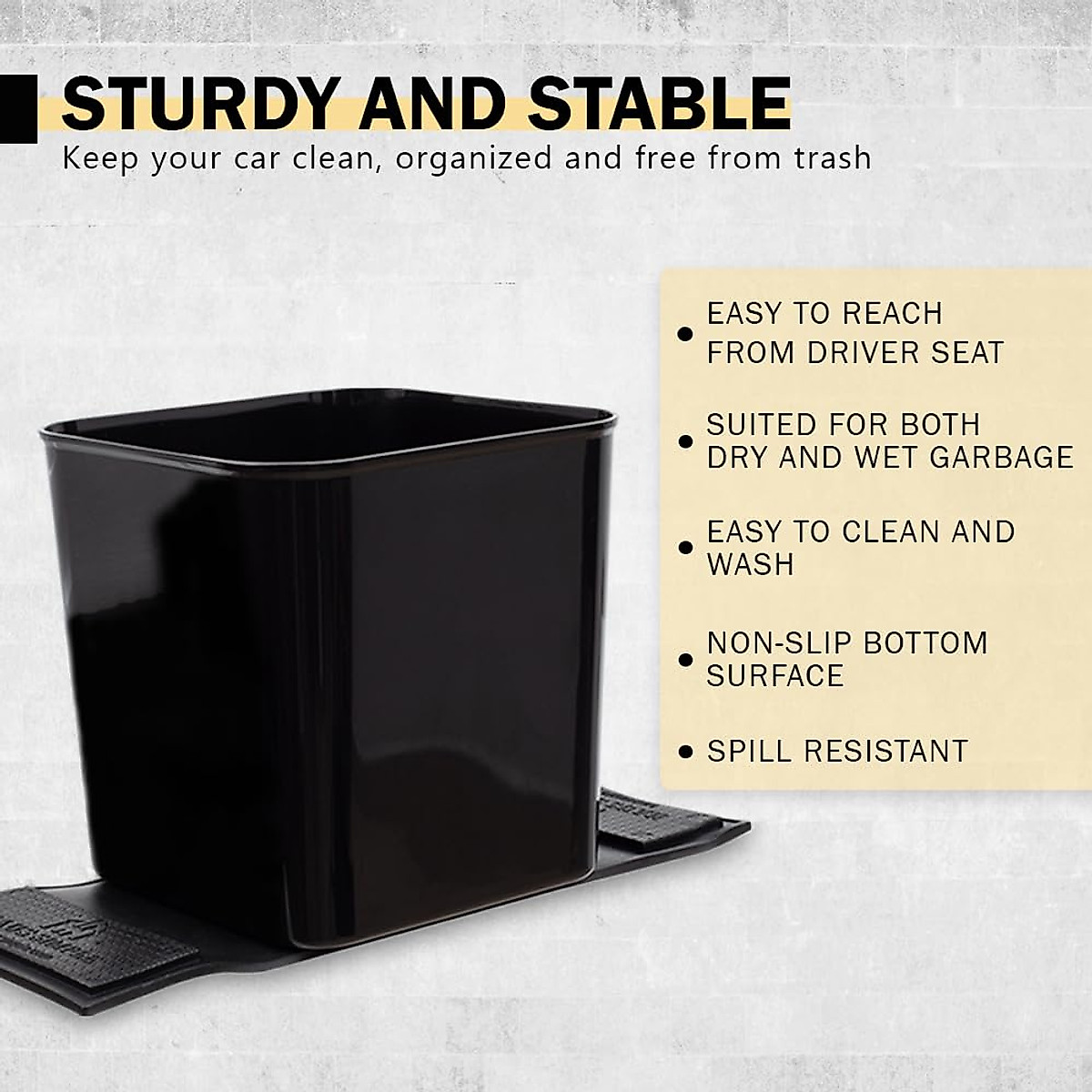 Car Trash Can for Vehicles Leakproof Compact Garbage Bin w/ Stability Flap, Anti-Slip Base, Portable Trash Holder for Cars, Trucks, SUVs, Minivans Compact, Easy to Clean Auto Container Organizer Black