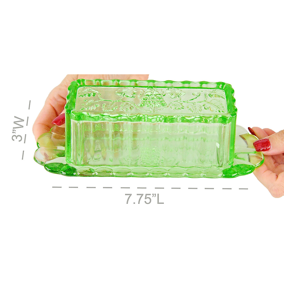 HOME-X Depression Style Glass Butter Dish with Lid and Grape Pattern, Retro Kitchen Decor, Wedding Gift