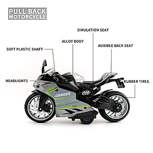 CYYSFIVQZ Toy Motorcycle-Pull Back Motorcycle Toy with Sounds and Lights,1:12 Scale Motorcycle Model Toy for Kids, Pull Back Vehicle for Boys Kids Age 3+ Year Old Supplies (Silver Gray)